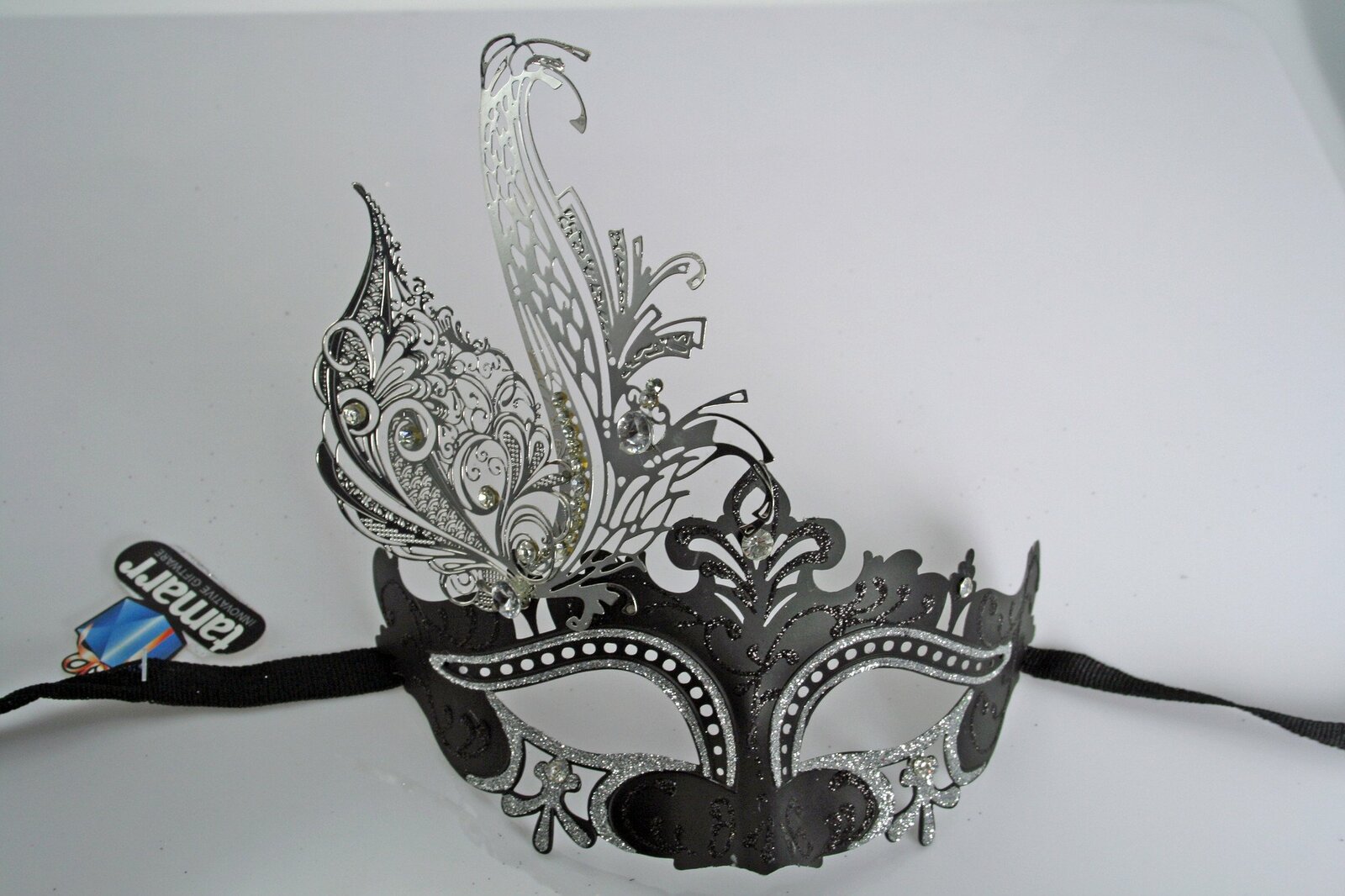 Black Metal Masquerade Mask With Silver & Black Glitter, Dimantés ...