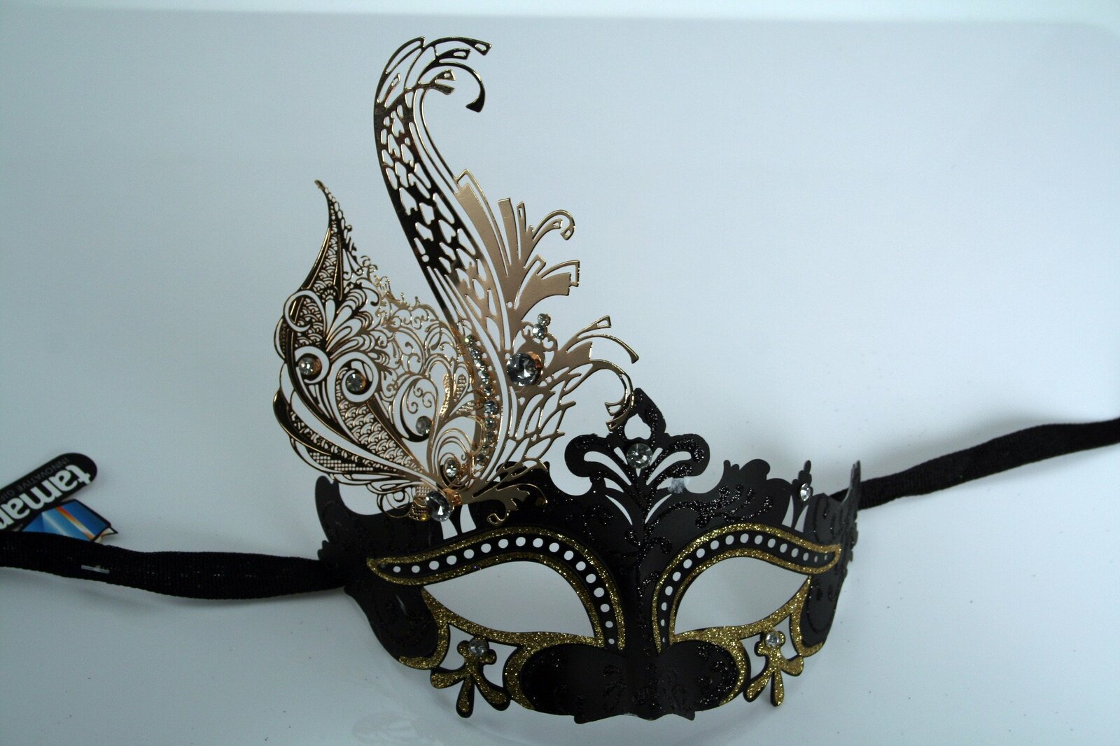 Black Metal Masquerade Mask With Gold & Black Glitter, Dimantés & Large ...